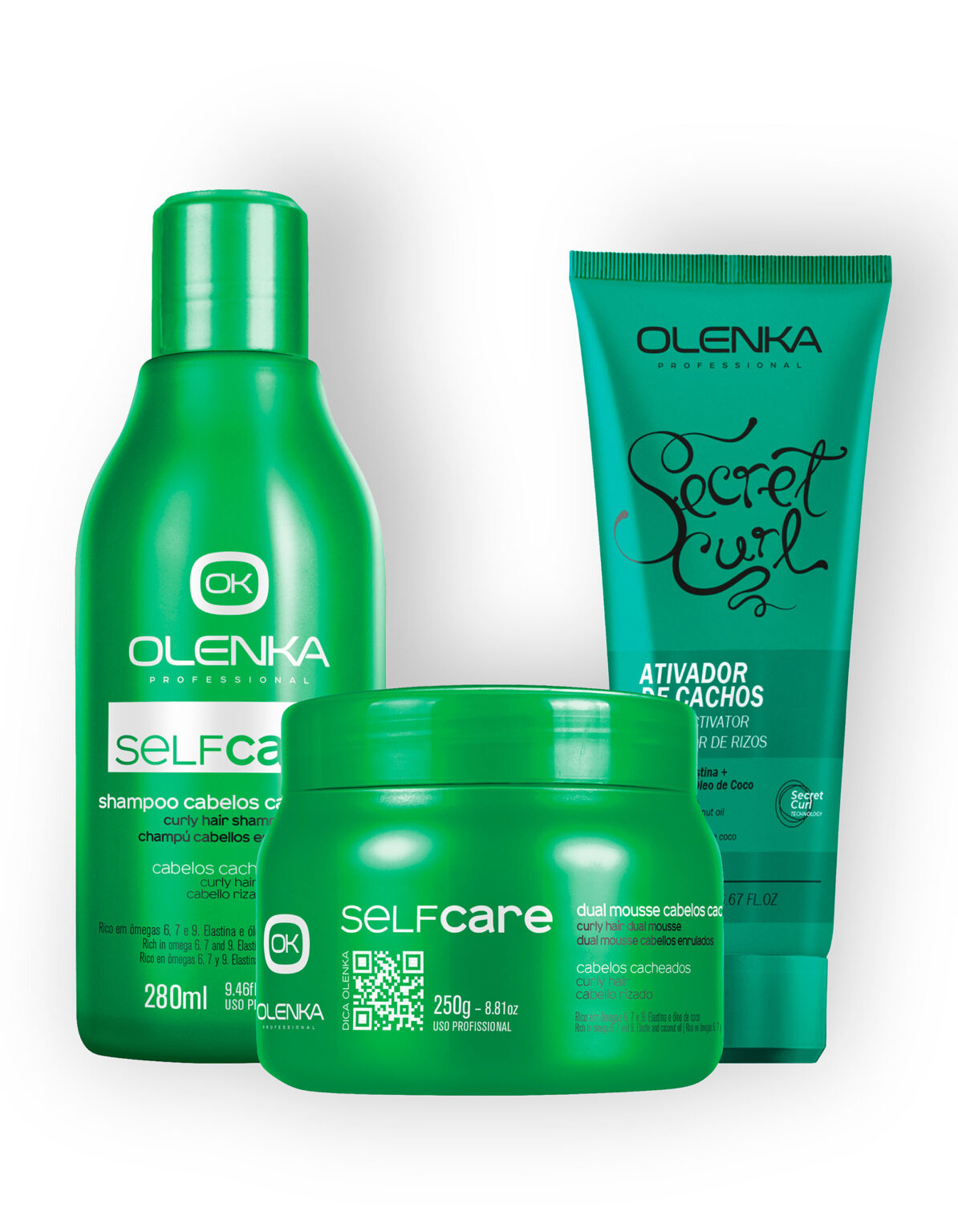 Kit Cabelos Cacheados Self Care -Sh + Dual Mousse 250ml+ Secret Curl Happy End Olenka 200mL ...